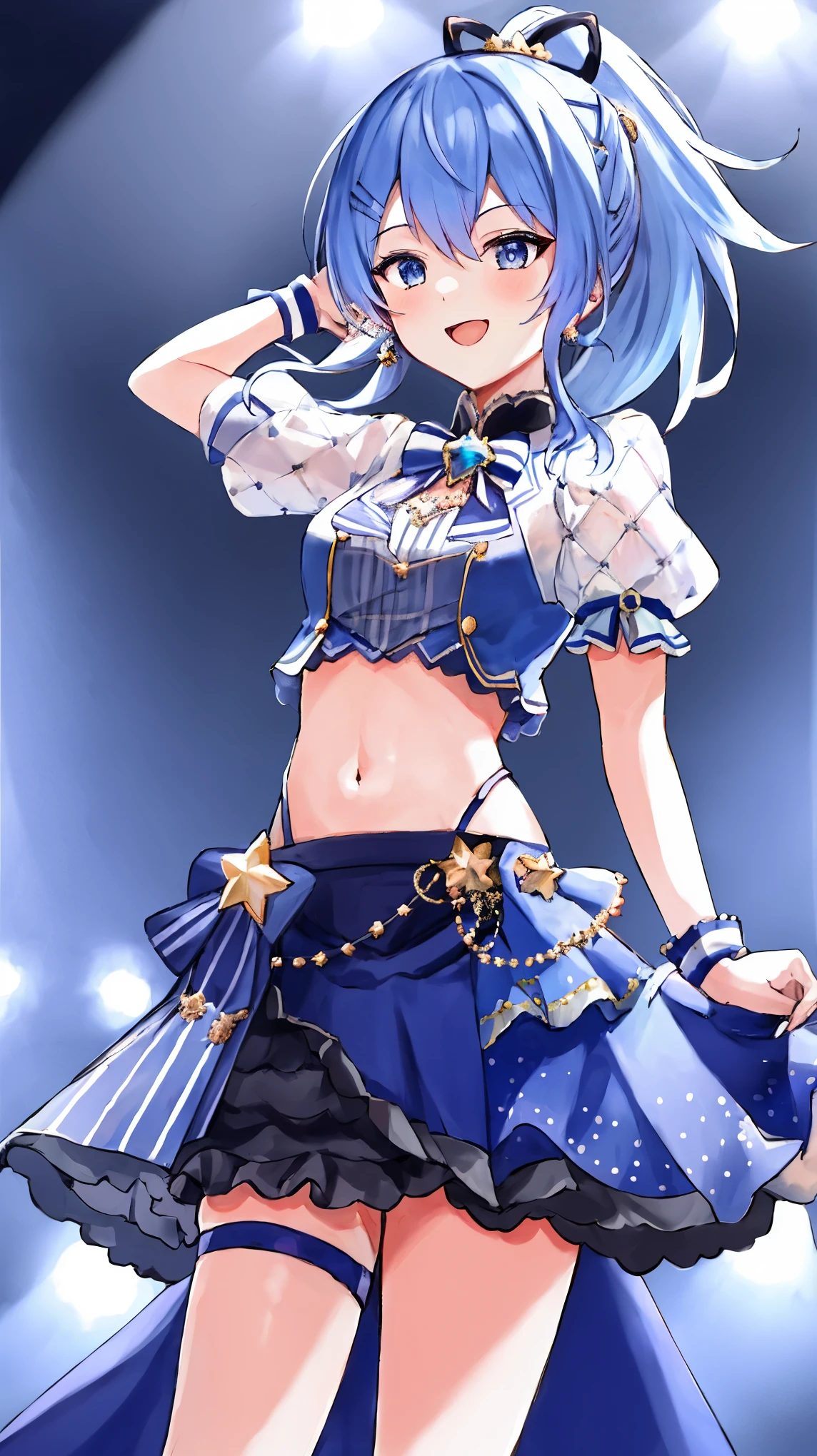 A woman in a blue dress with a white top and black skirt - SeaArt AI