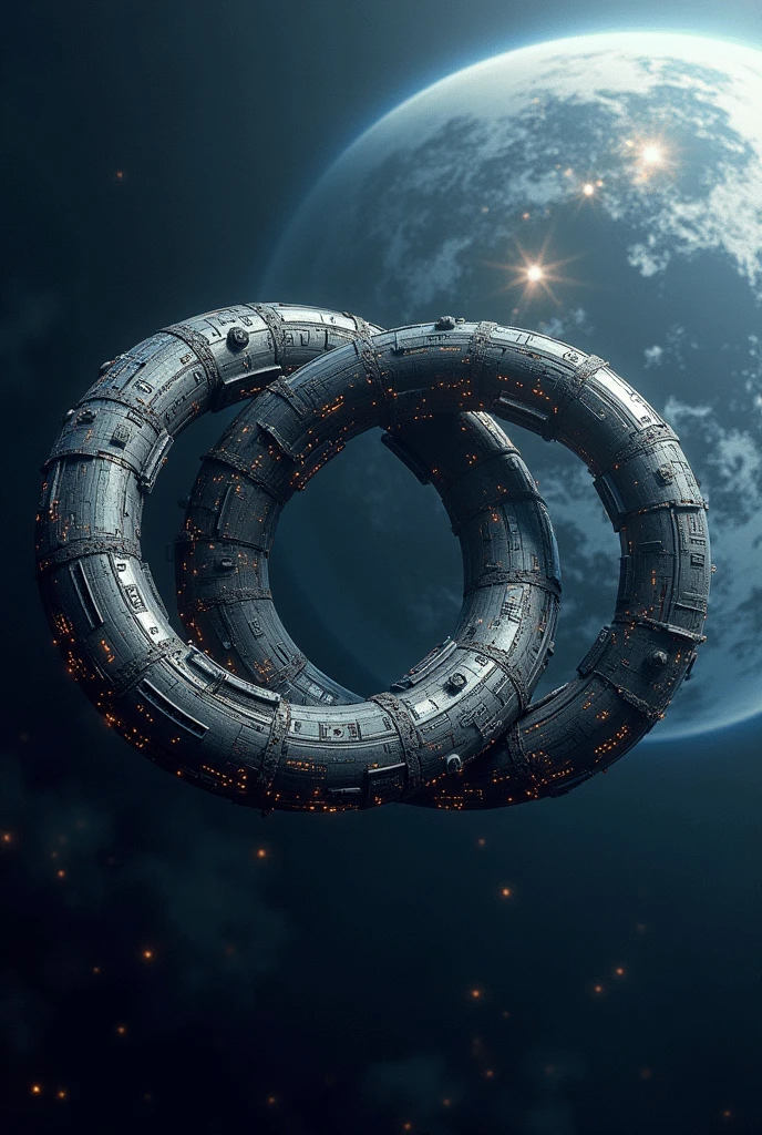 An alien space ship in the form of infinity, flying in the earth ...