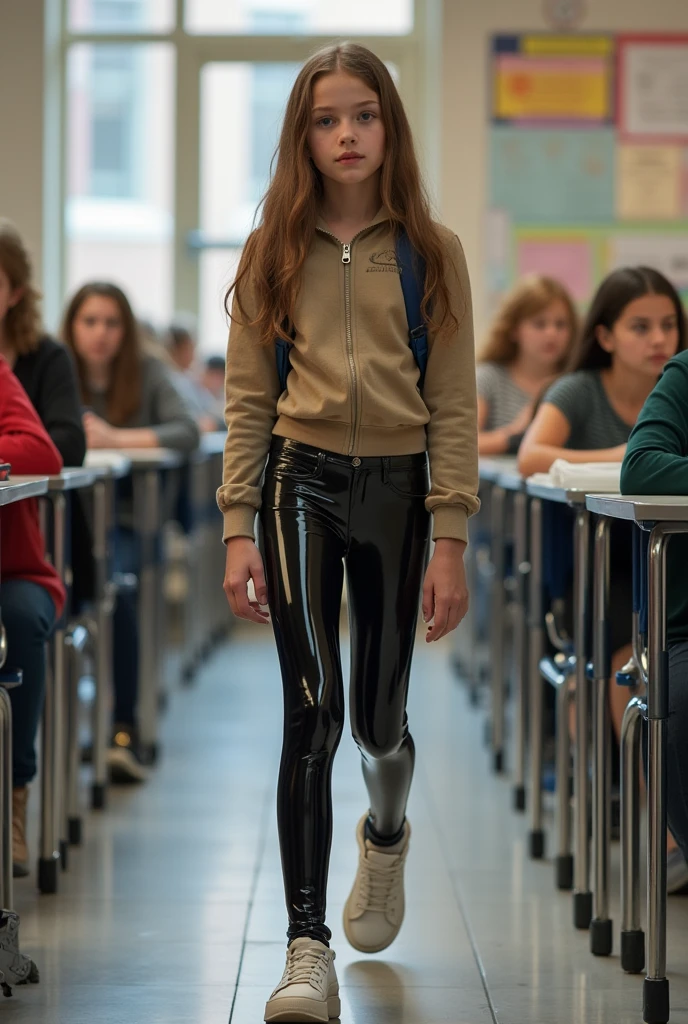 Young girl in a latex leggins at school - SeaArt AI