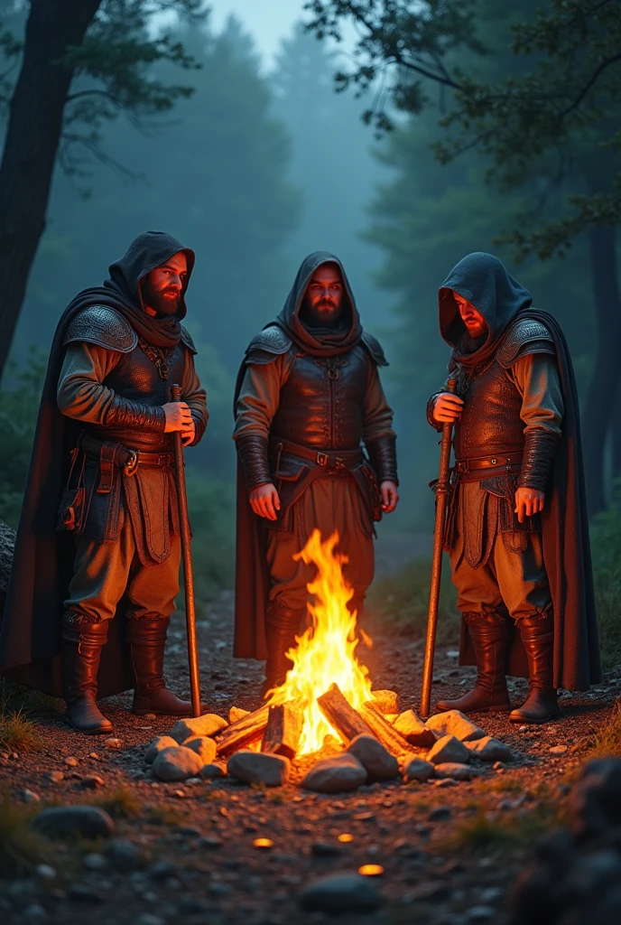A group of 3 medieval fantasy adventurers around a campfire - SeaArt AI