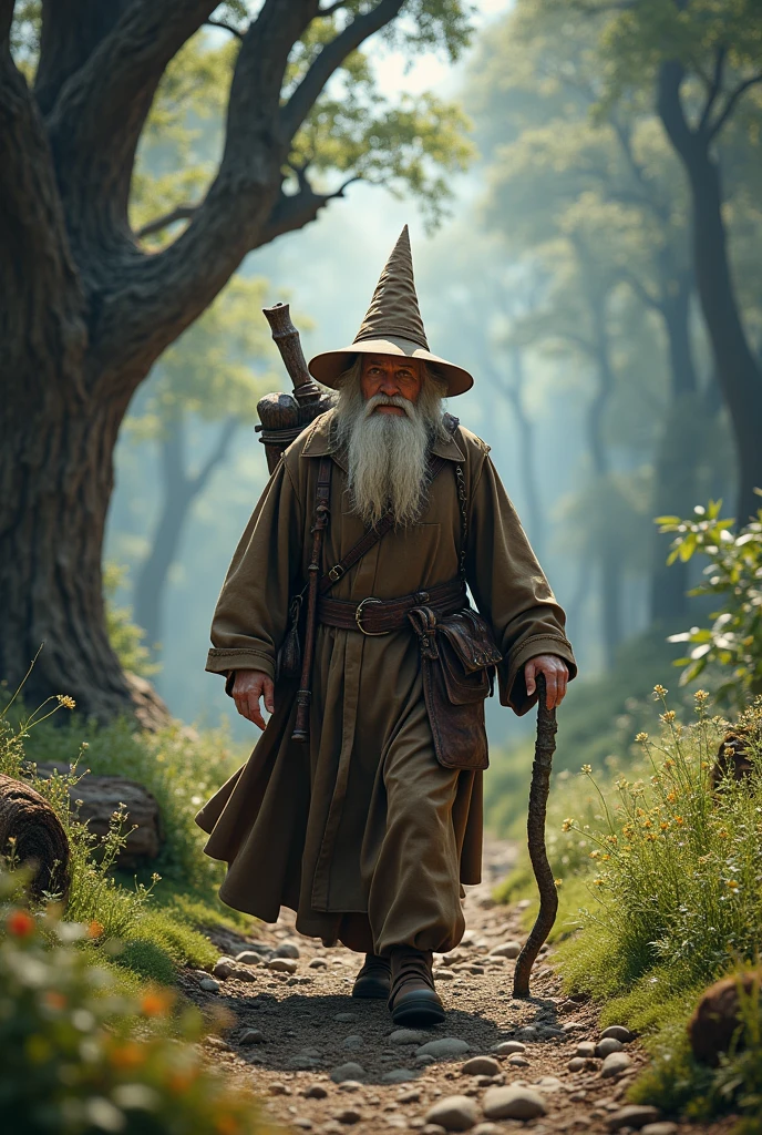 An old wizard with his brownish robe,wearing brownish hat and sling bag ...
