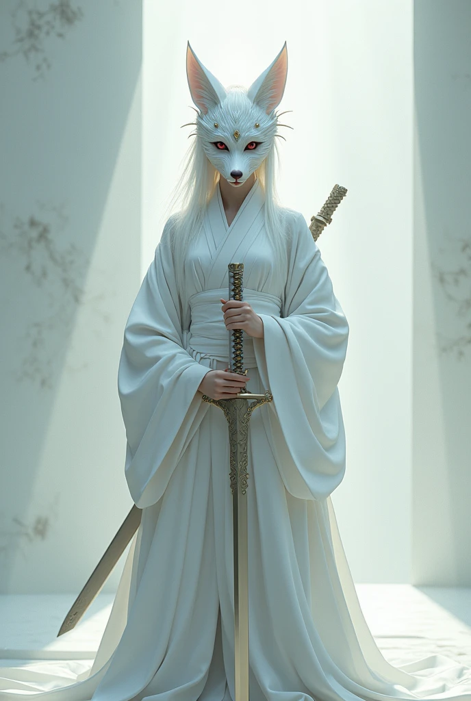 Red eyes, white hair, fox mask, swordsman, androgynous, white kimono ...