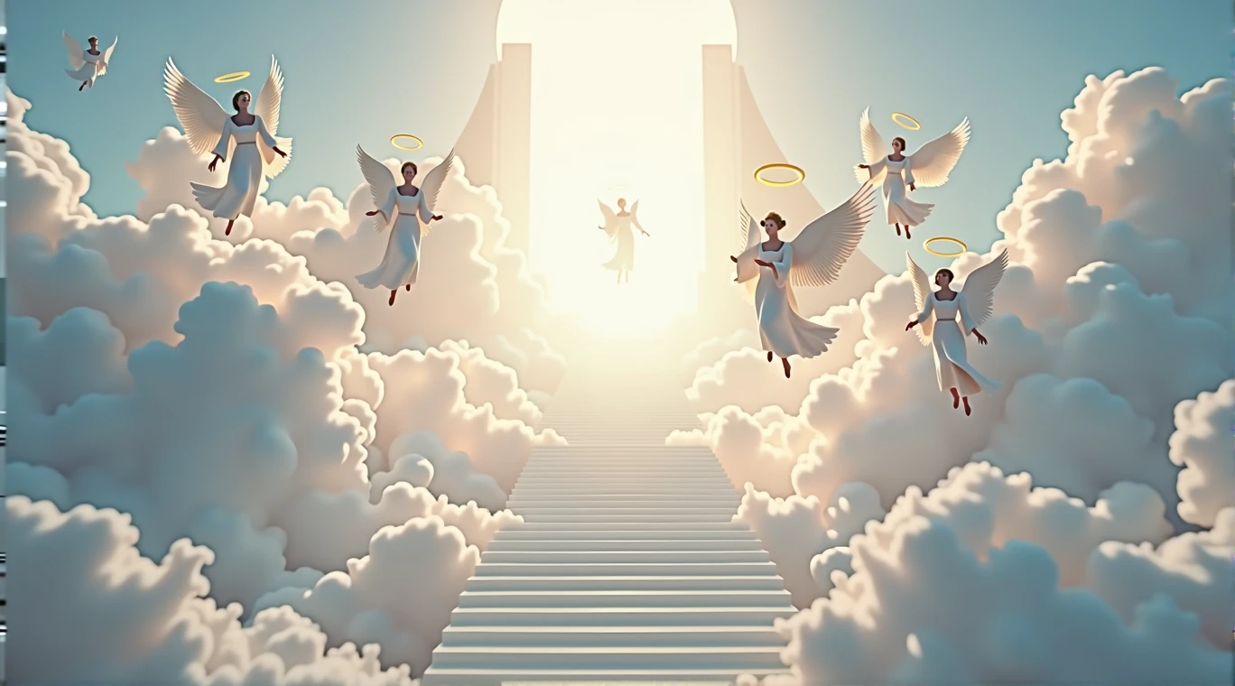 Angels flying in the sky with a halo above them, concept art by Alexander Kuchar - SeaArt AI