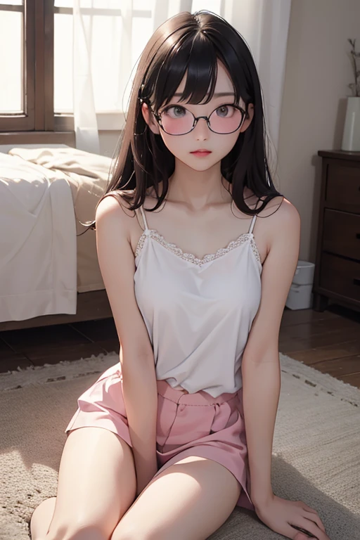 最高品質、傑作、高感度、高解像度、詳細な説明、細身の女性、眼鏡、白いキャミソール、床に座る、真っ暗な部屋で、ピンクに輝く Seaart Ai