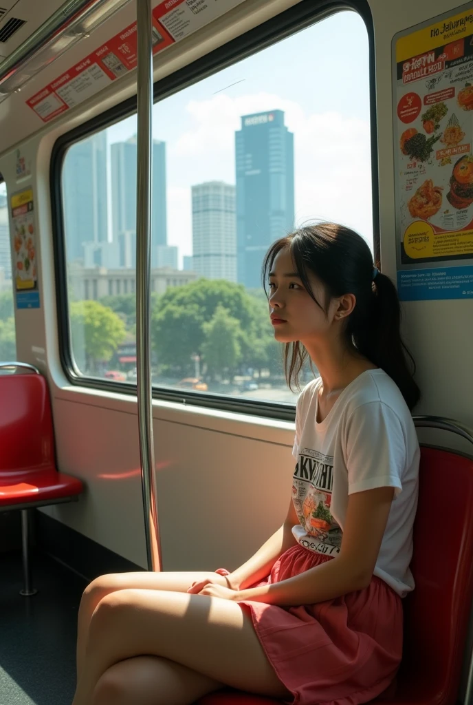 Singaporea teenager, sitting on train, wearing short skirt - SeaArt AI