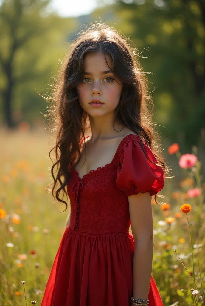 Girl from , dark brown hair, dark eyes and a red vintage dress - SeaArt AI