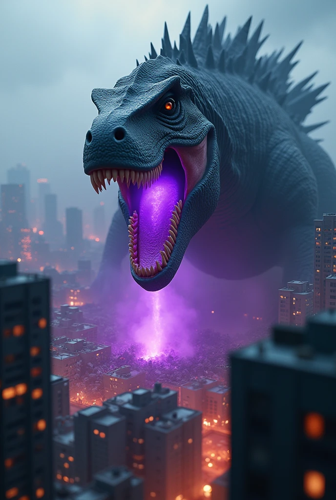 Tilt shift photography Kaiju. . a giant mutated t-rex lizard monster ...