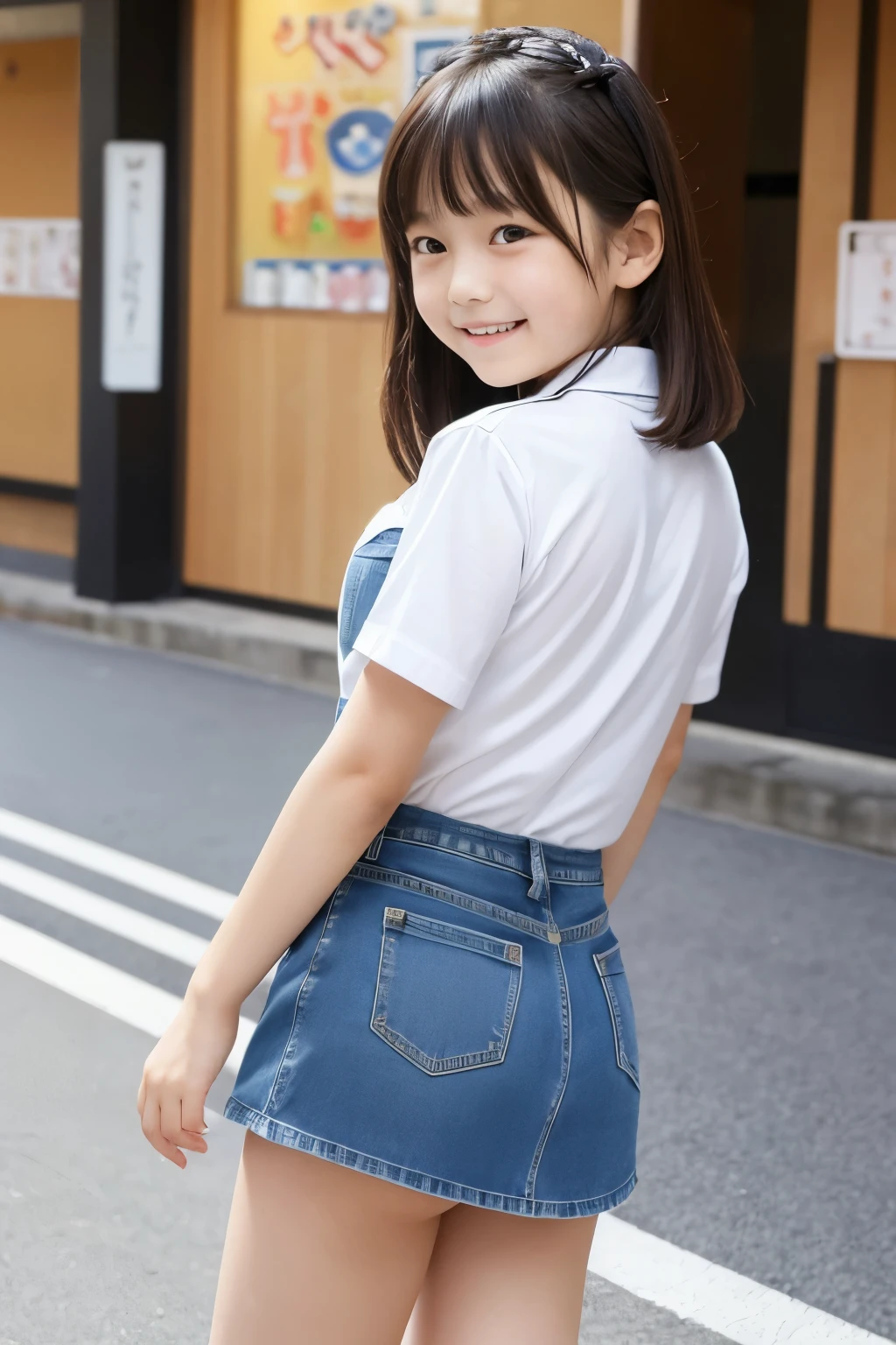 A woman in a white shirt and blue denim skirt posing for a picture - SeaArt AI