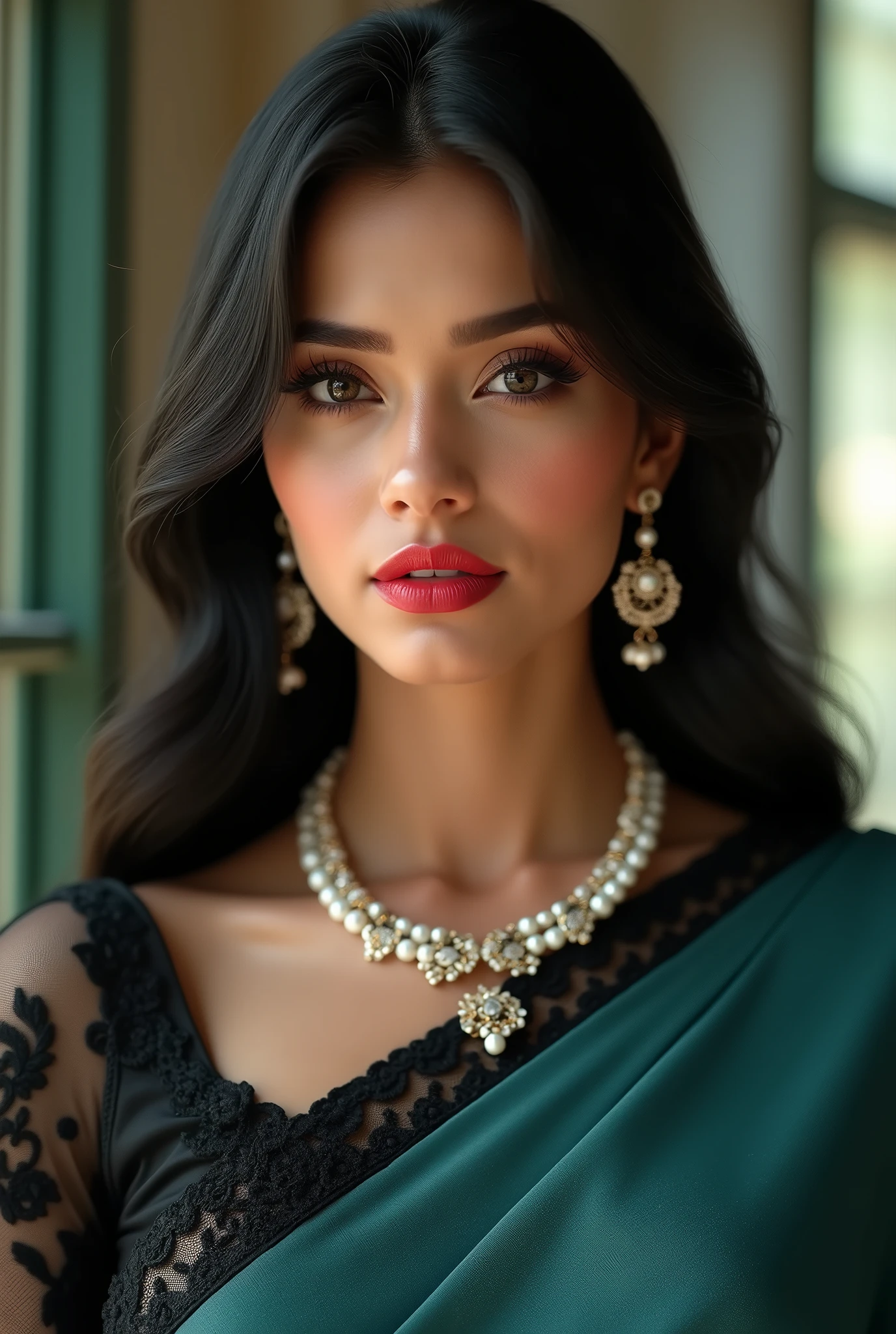 A close up of a woman wearing a green sari and pearl necklace - SeaArt AI