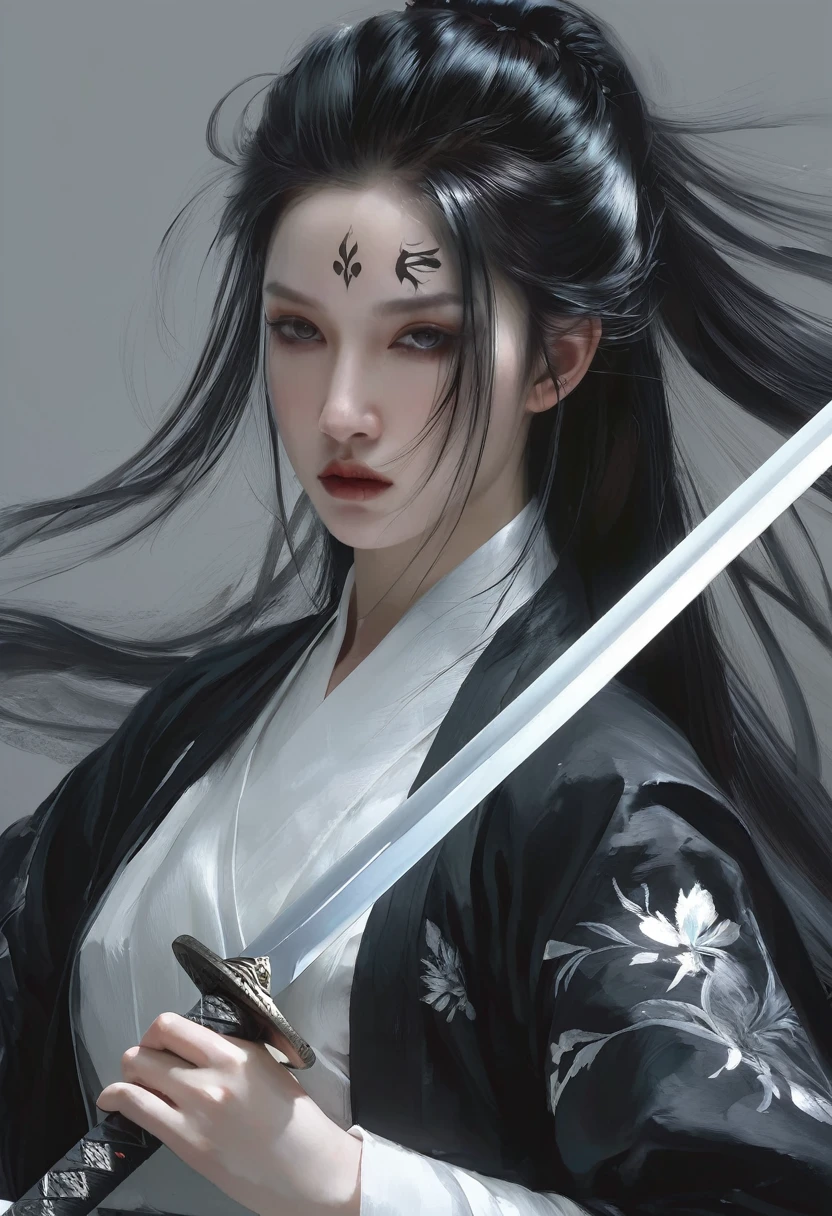 A woman with black hair and white skin, Long Sword，artwork in the style of Gu We - SeaArt AI