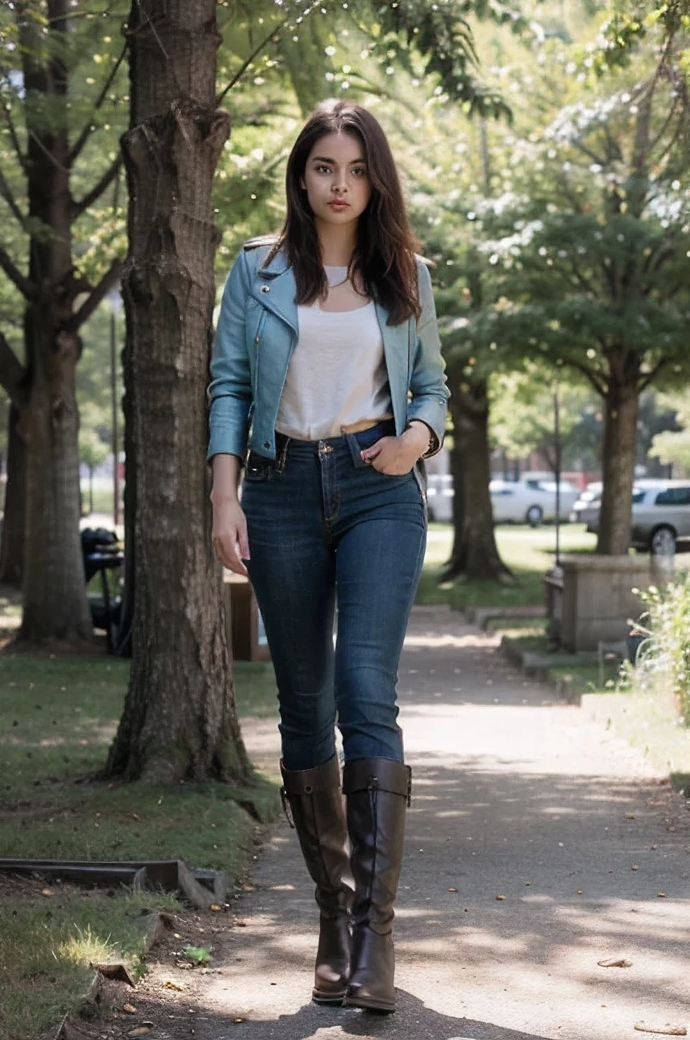 Araffe woman in jeans and a jacket walking down a sidewalk - SeaArt AI