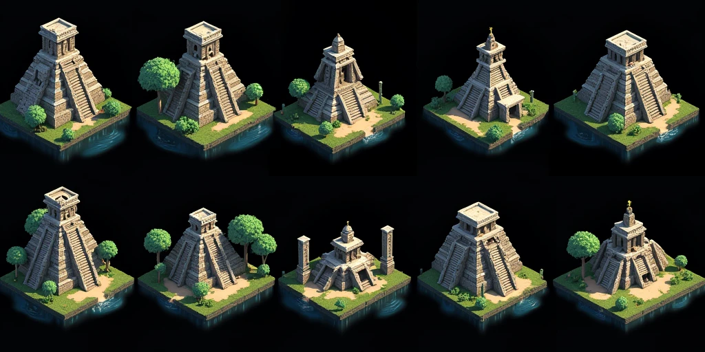 A close up of several different temples, detailed pyramid temples - SeaArt AI