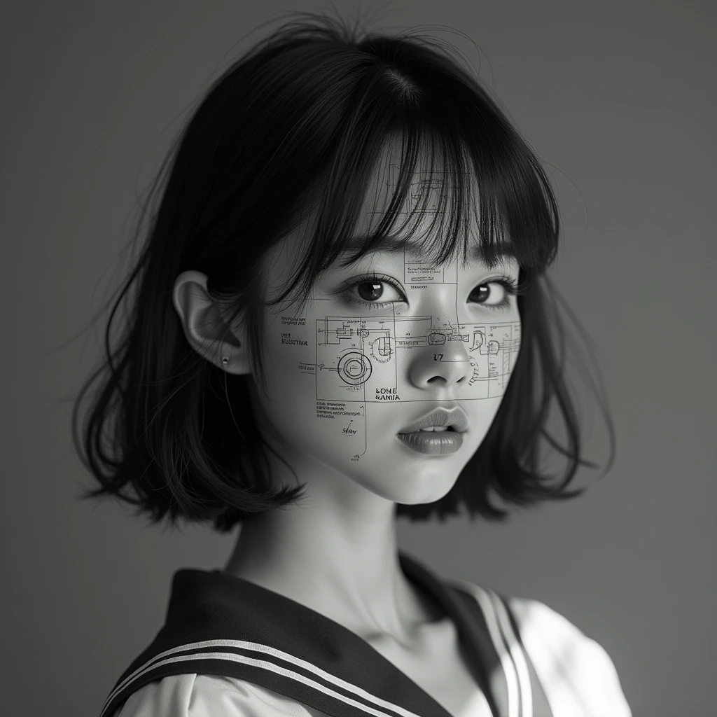 ブラウジング注意:-2, 現実的, 白黒写真:1.37, 白黒写真:1.37, 美しい女性の二重露光'カメラをまっすぐに見つめる顔 - SeaArt AI