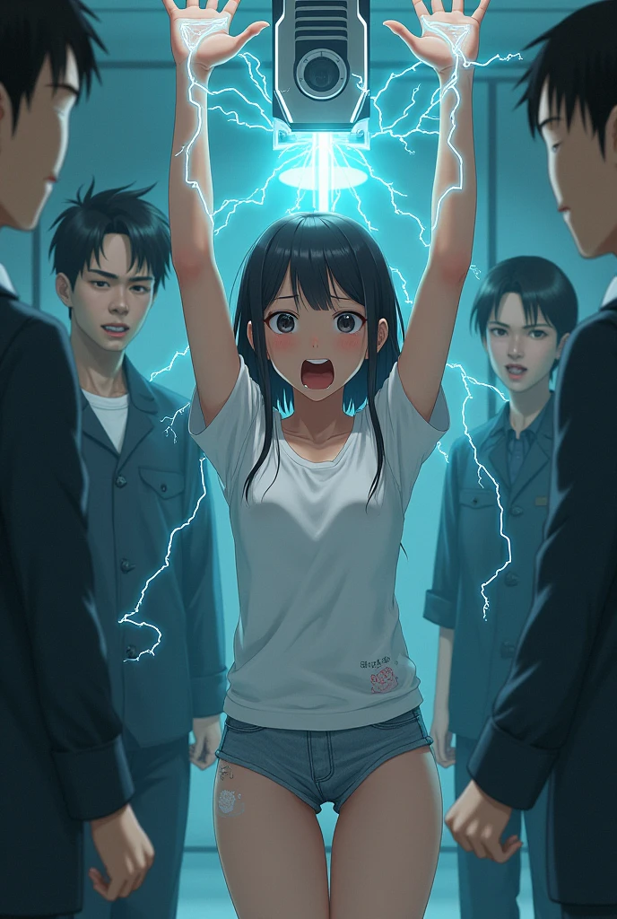 Surrounded by the guards,Bright room,Apparently a device attached to the ceilin - SeaArt AI