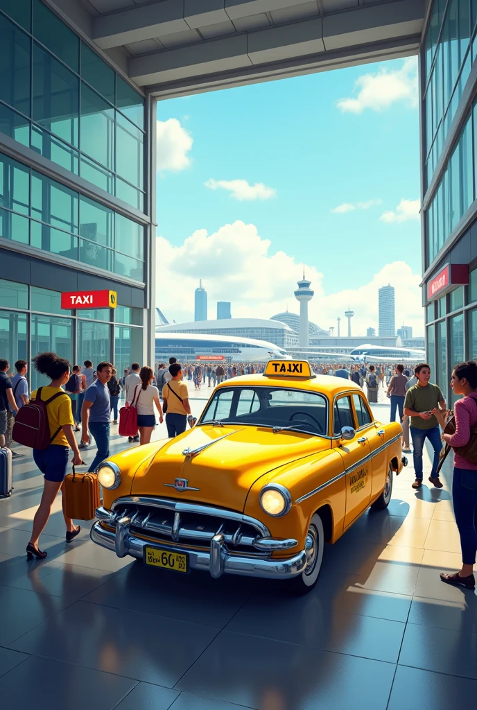 Create the image of A taxi picking up passengers at the airport entrance - SeaArt AI