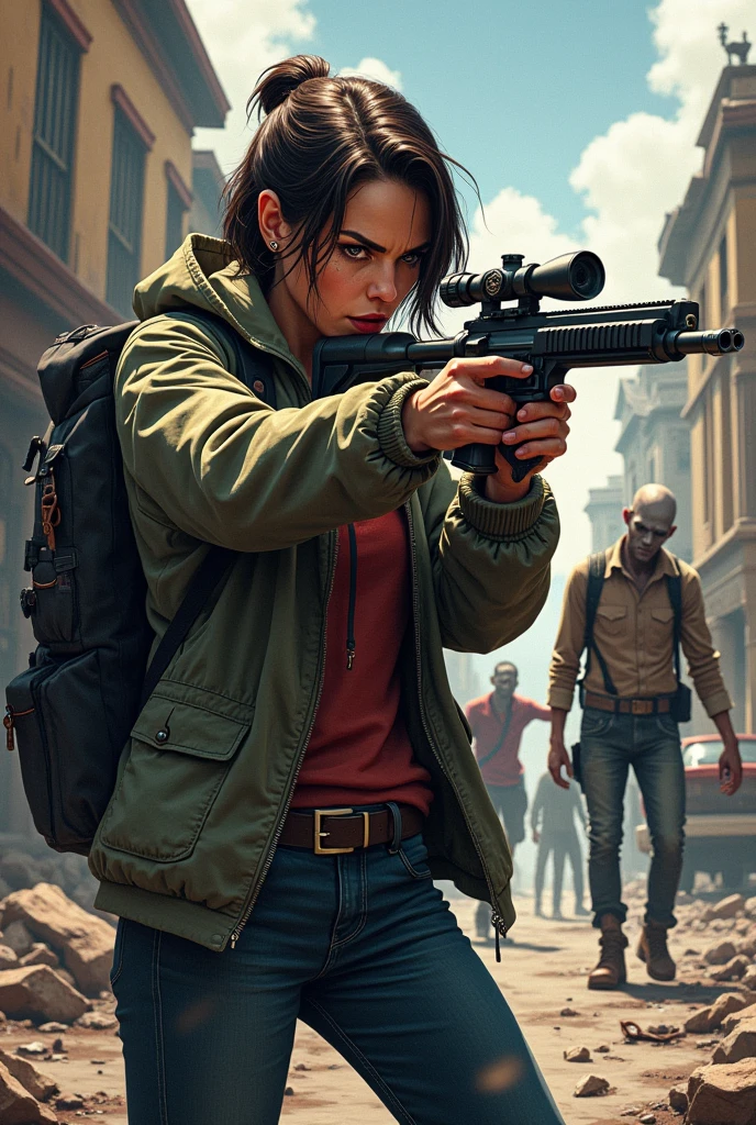 Woman in jacket pointing a gun forward wearing a mavhila on her back ...