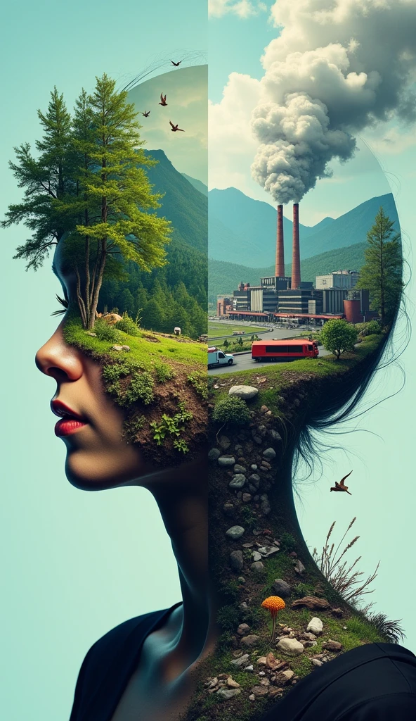 Draw me a poster, (portrait) Left side of the face is a healthy ...