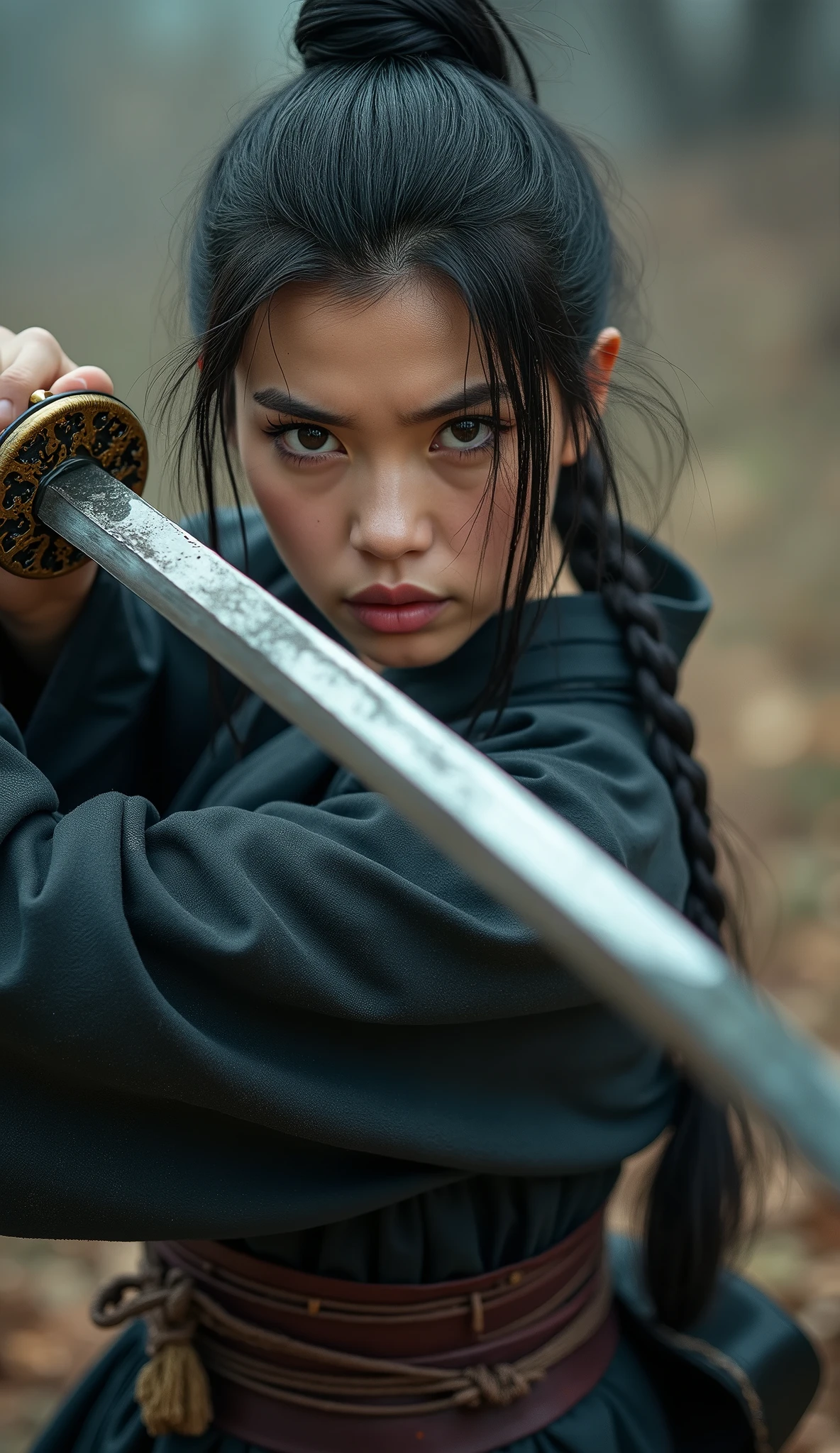 傑作, 最高品質, RAW写真, リアルな写真, 右手に日本刀を持っている, 日本刀で敵を斬る, 視聴者を見る, 観客を睨みつける ...