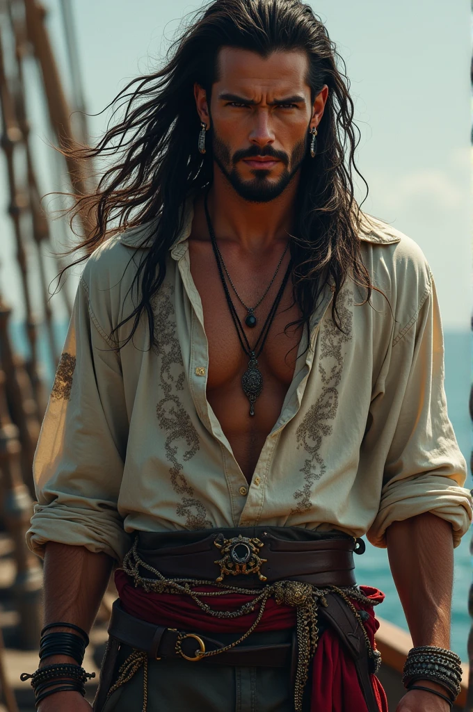 Man with long black hair, rogue style pirate shirt and earrings - SeaArt AI