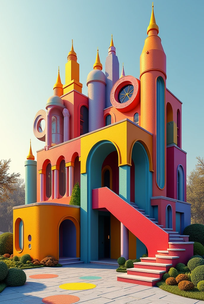 Image of building/Colorful house, using geometric figures, curves ...