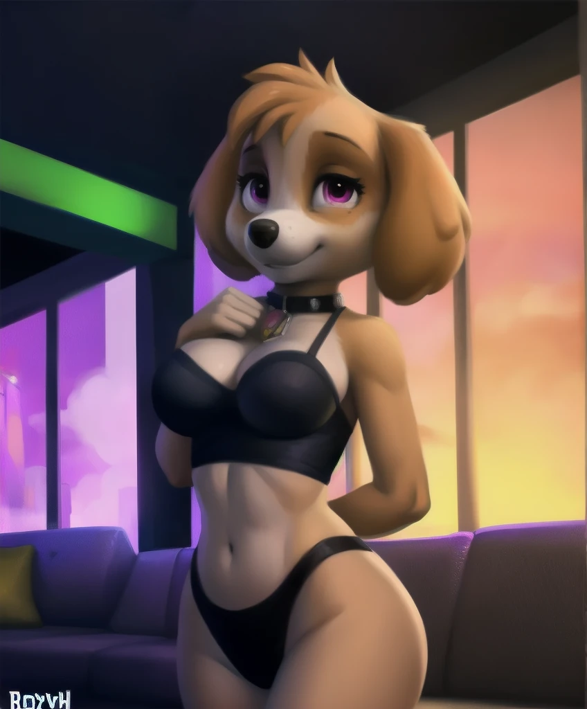 A close up of a cartoon dog in a bikini and a black bra - SeaArt AI