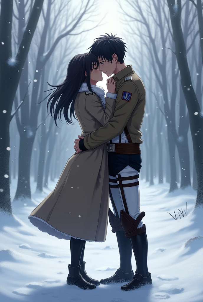 mikasa and levi kissing in the snow - SeaArt AI