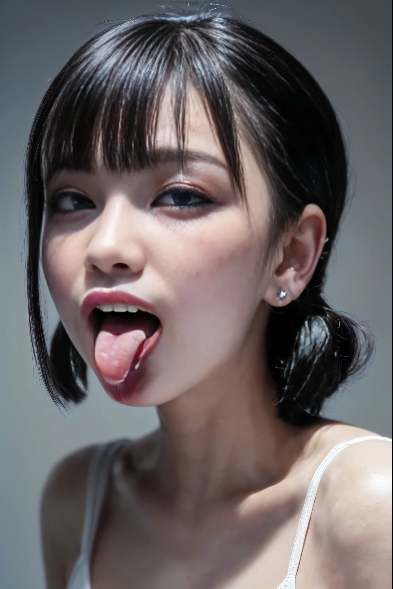 A close up of a woman sticking out her tongue with a toothbrush - SeaArt AI