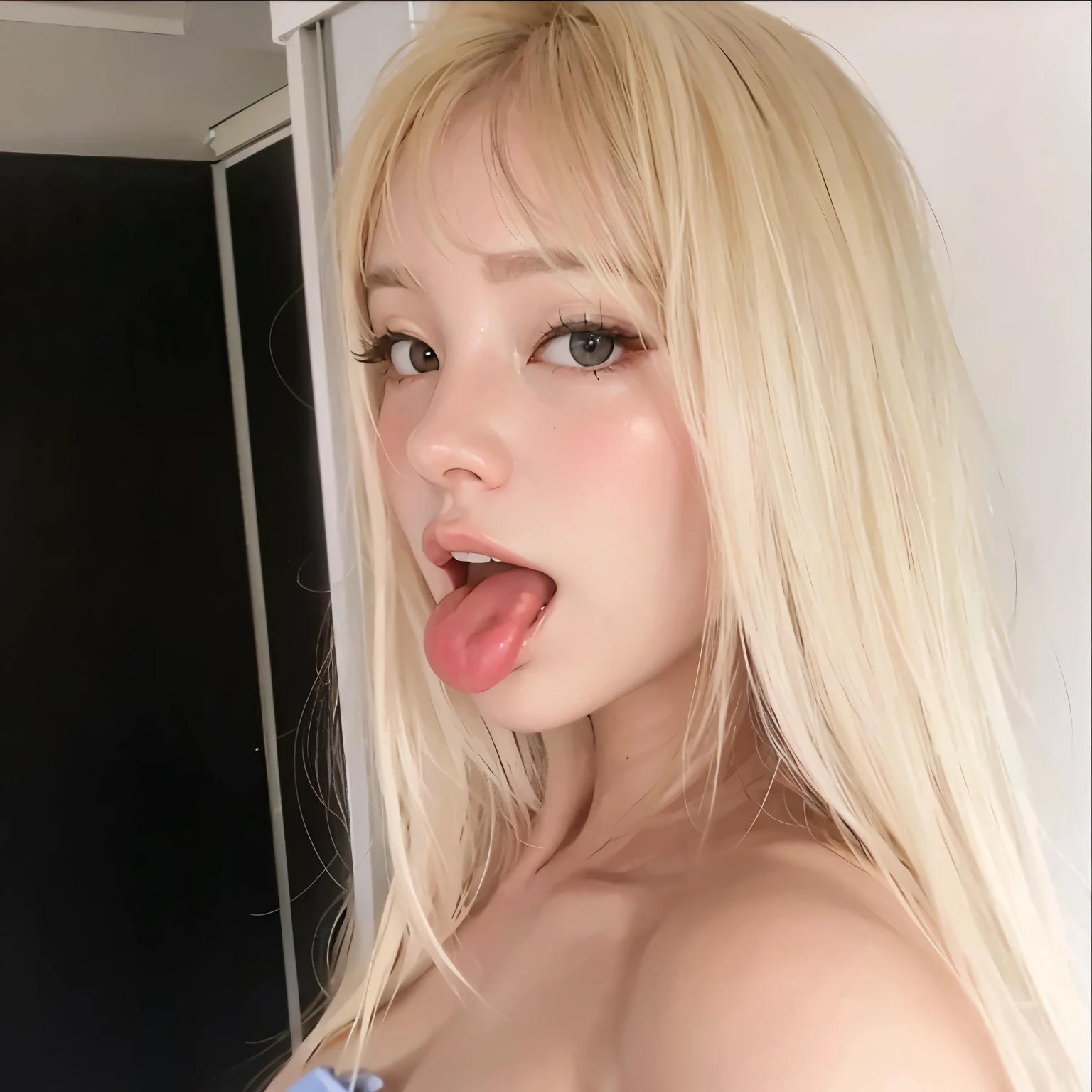 Blond woman with long hair sticking out her tongue and showing off her big tits - SeaArt AI