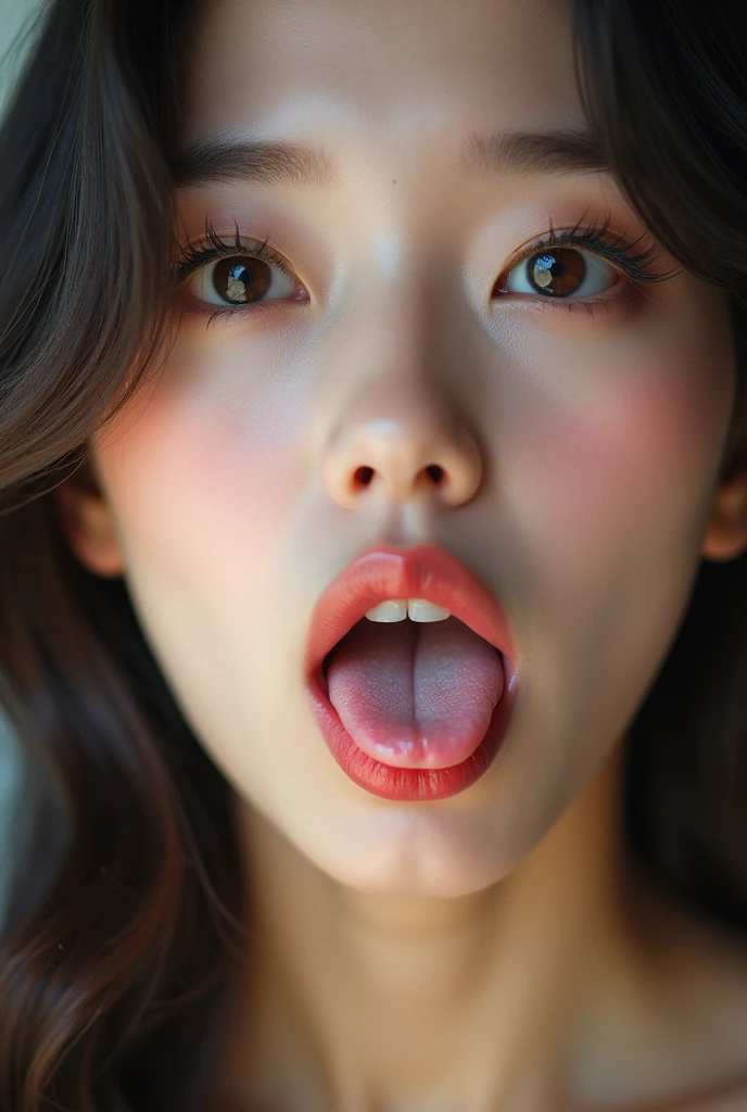 Korean Beautiful Girl Open your mouth wide Sticking out tongue Face close - SeaArt AI