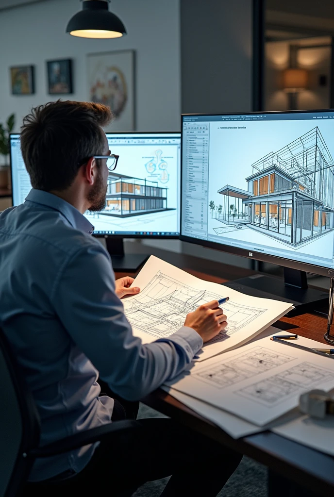 A detailed architect drawing a plan on a computer, highly detailed ...