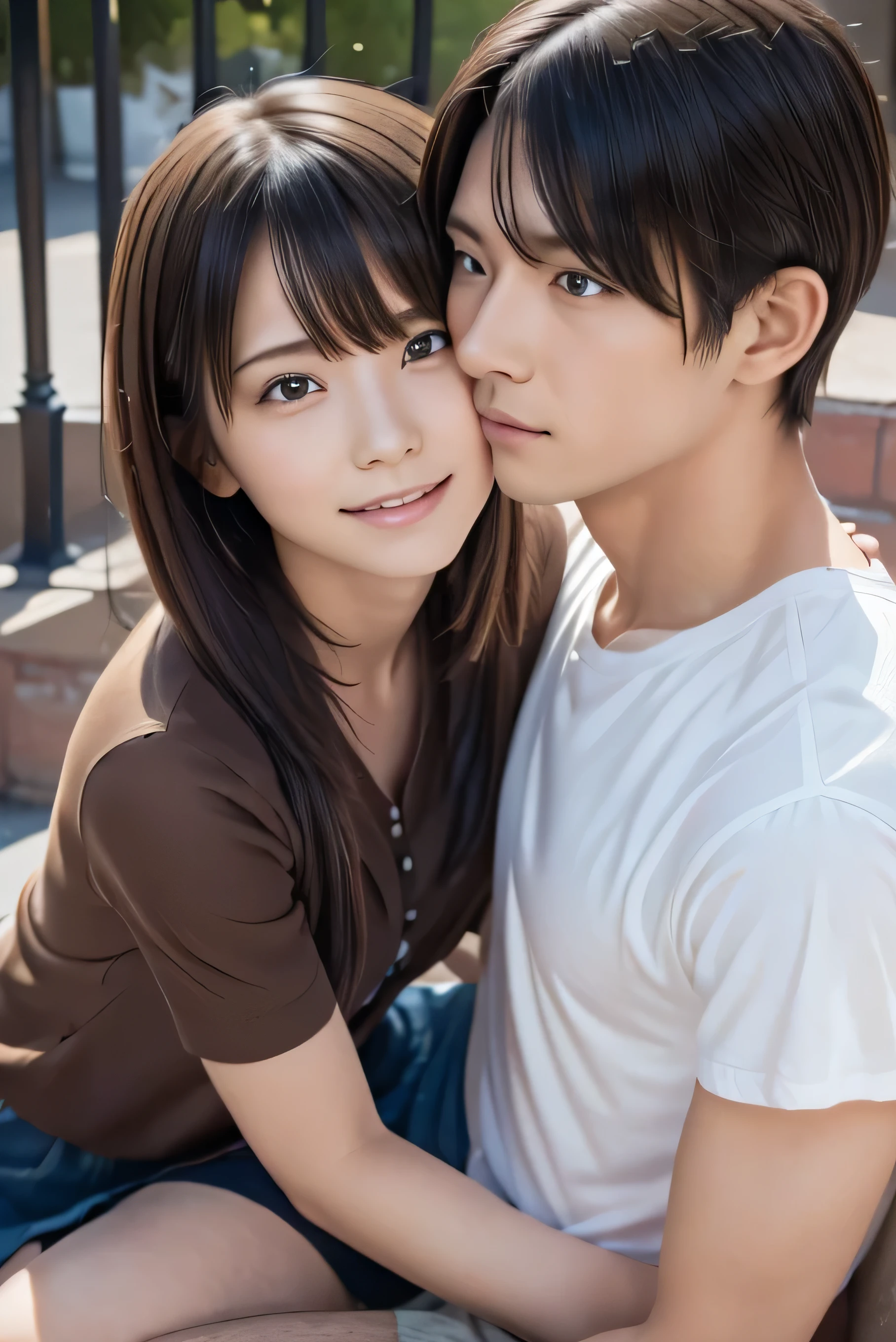 Arafed asian couple sitting on a bench with a woman leaning on her ...
