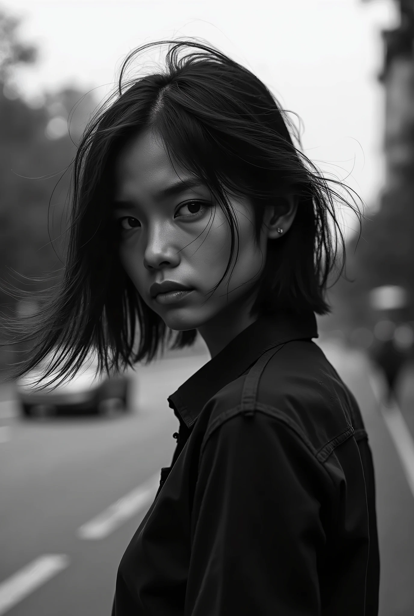 Arafed woman with a black shirt and a black jacket on a street - SeaArt AI