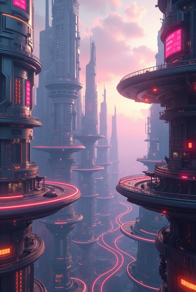A surreal futuristic cityscape with floating buildings, glowing neon ...