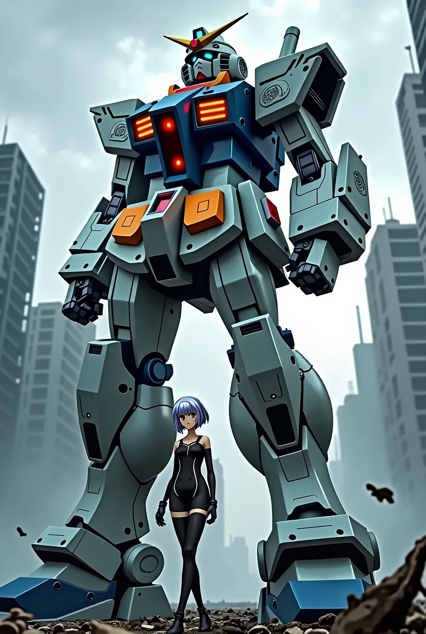Anime character standing in front of giant robot in urban setting ...