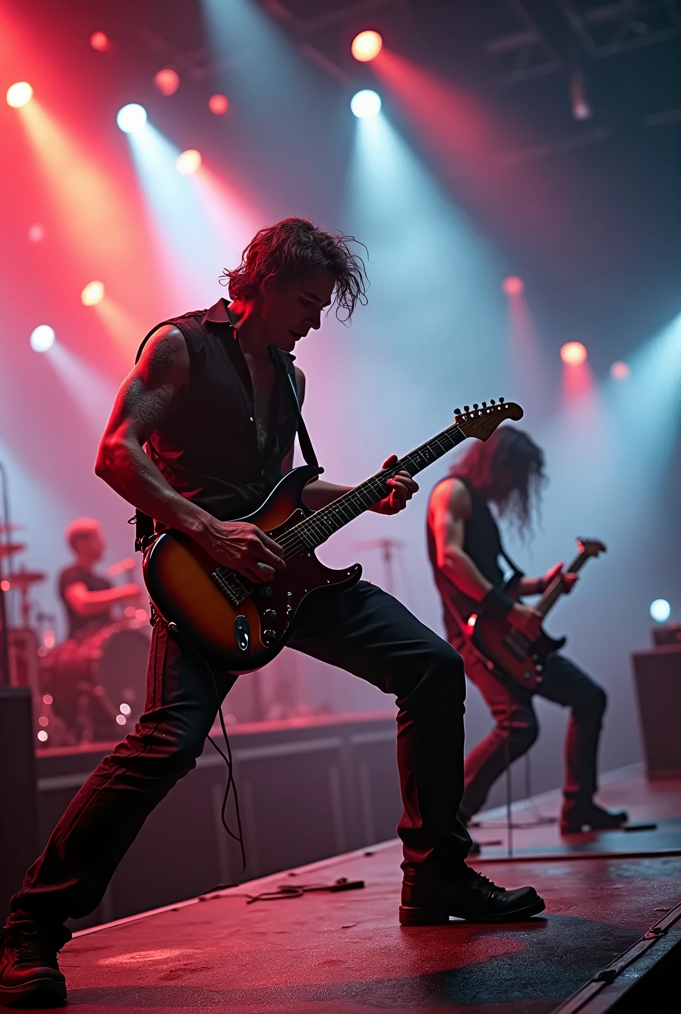 They are playing a concert together on stage with red and blue lights ...