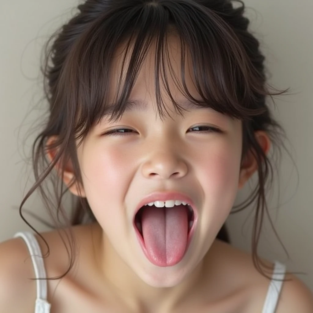 KAWAIIジュニアアイドル,半身写真,性的満足からオーガズムに達する彼女の顔,口を開けて表情が,彼女はあなたのペニスを舐めたい - SeaArt AI