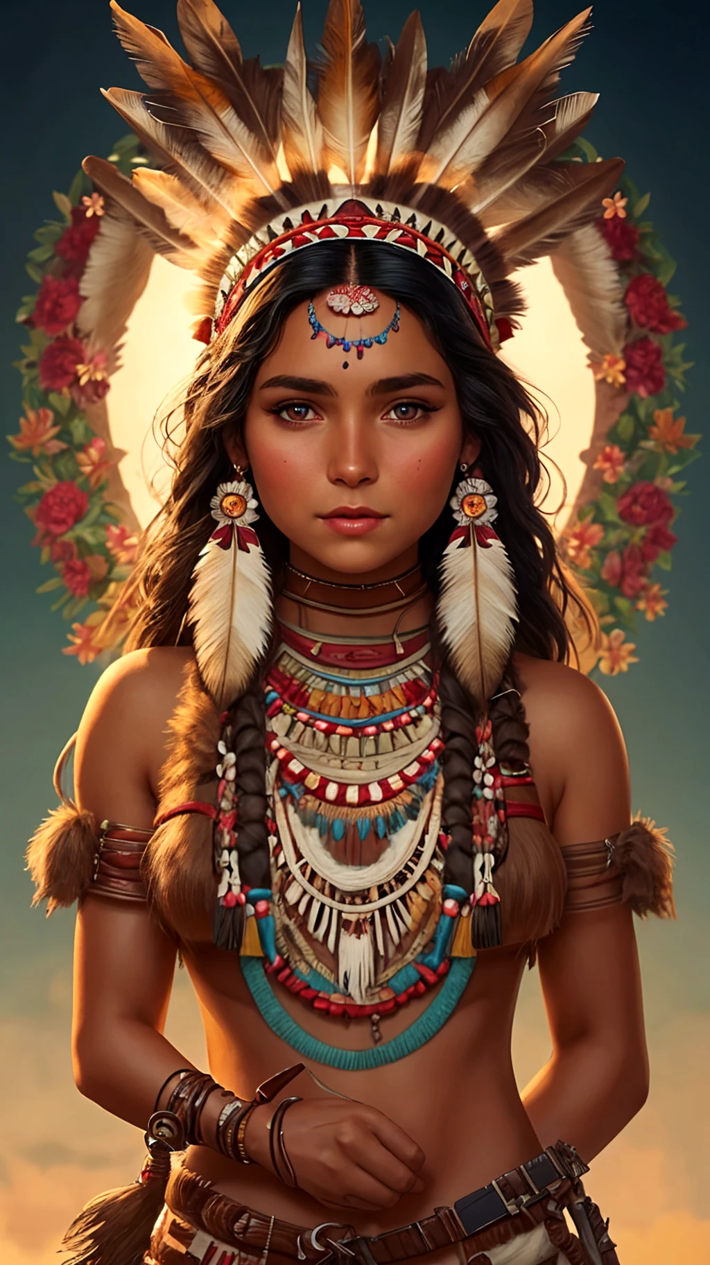 A close up of a woman wearing a headdress and feathers - SeaArt AI