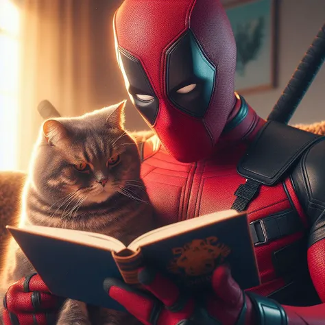 Deadpool and the cat reading creado con SeaArt AI