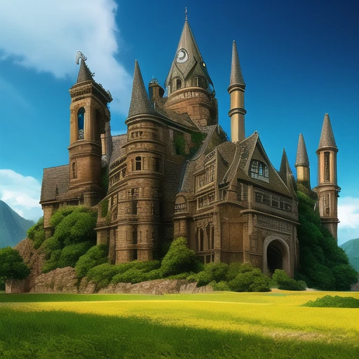 Arafed castle with a clock tower and a grassy field - SeaArt AI