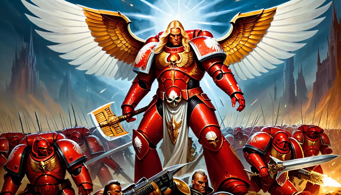 A painting of a red warhammer with a sword and a sword - SeaArt AI