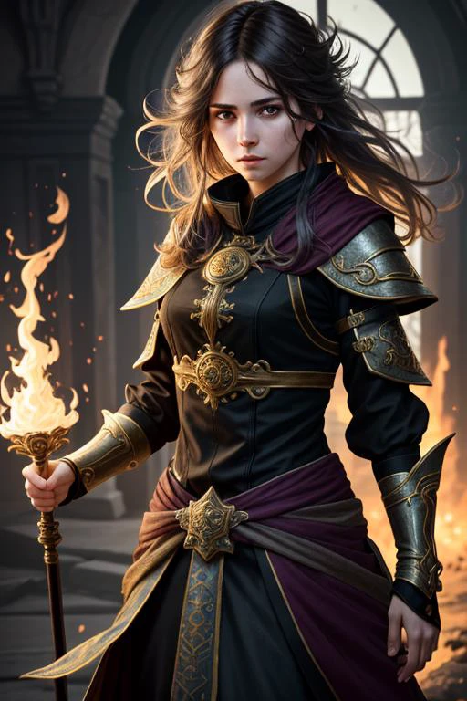 A woman in armor holding a sword and fire - SeaArt AI
