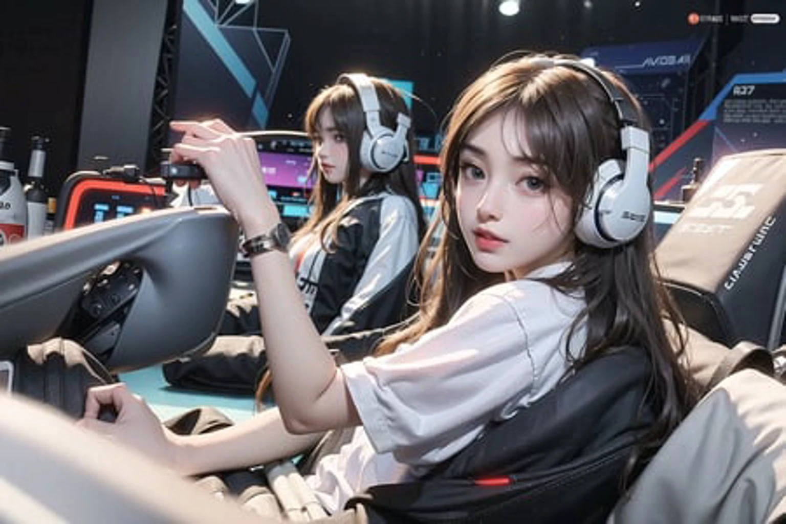 A close up of a person sitting in a chair with headphones on - SeaArt AI