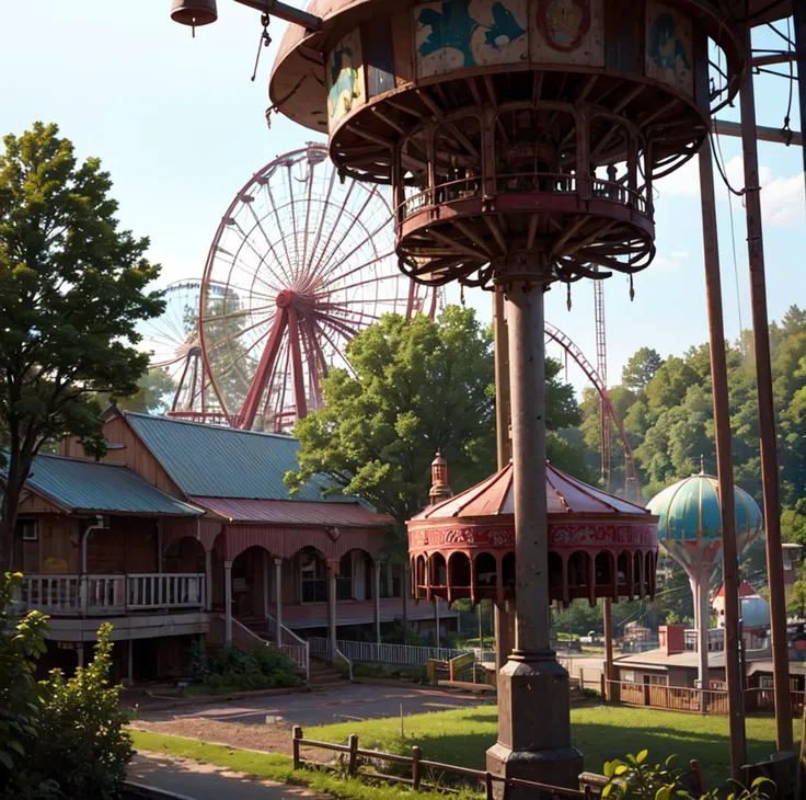 An abandoned amusement park at dusk, with rusting roller coasters and silent merry-go-rounds ...
