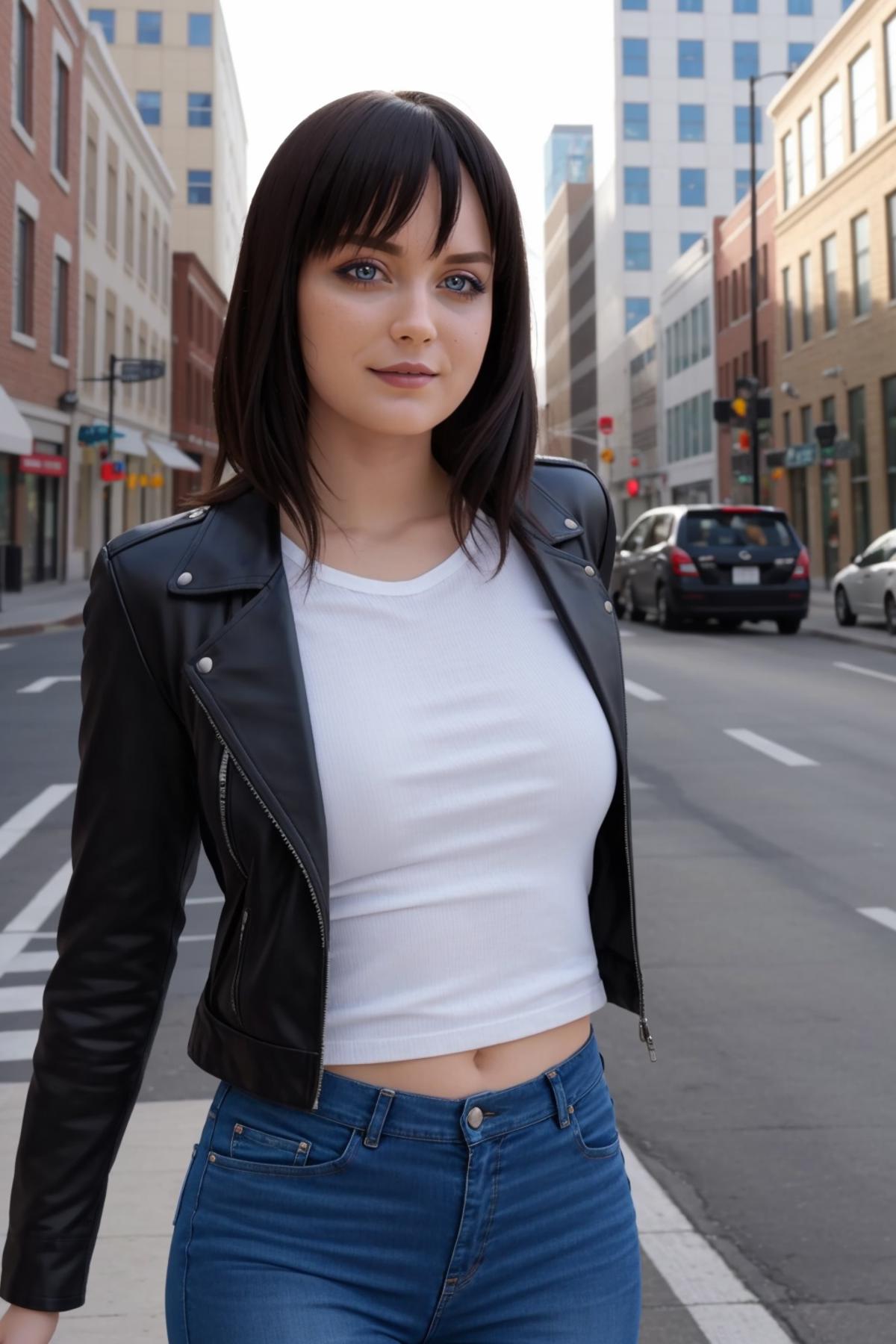 Araffe woman in a white shirt and blue jeans walking down a street - SeaArt AI