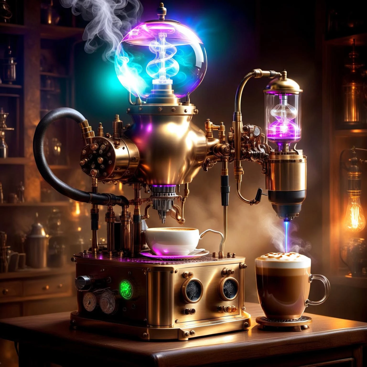 There is a steam powered coffee machine with a cup of coffee - SeaArt AI