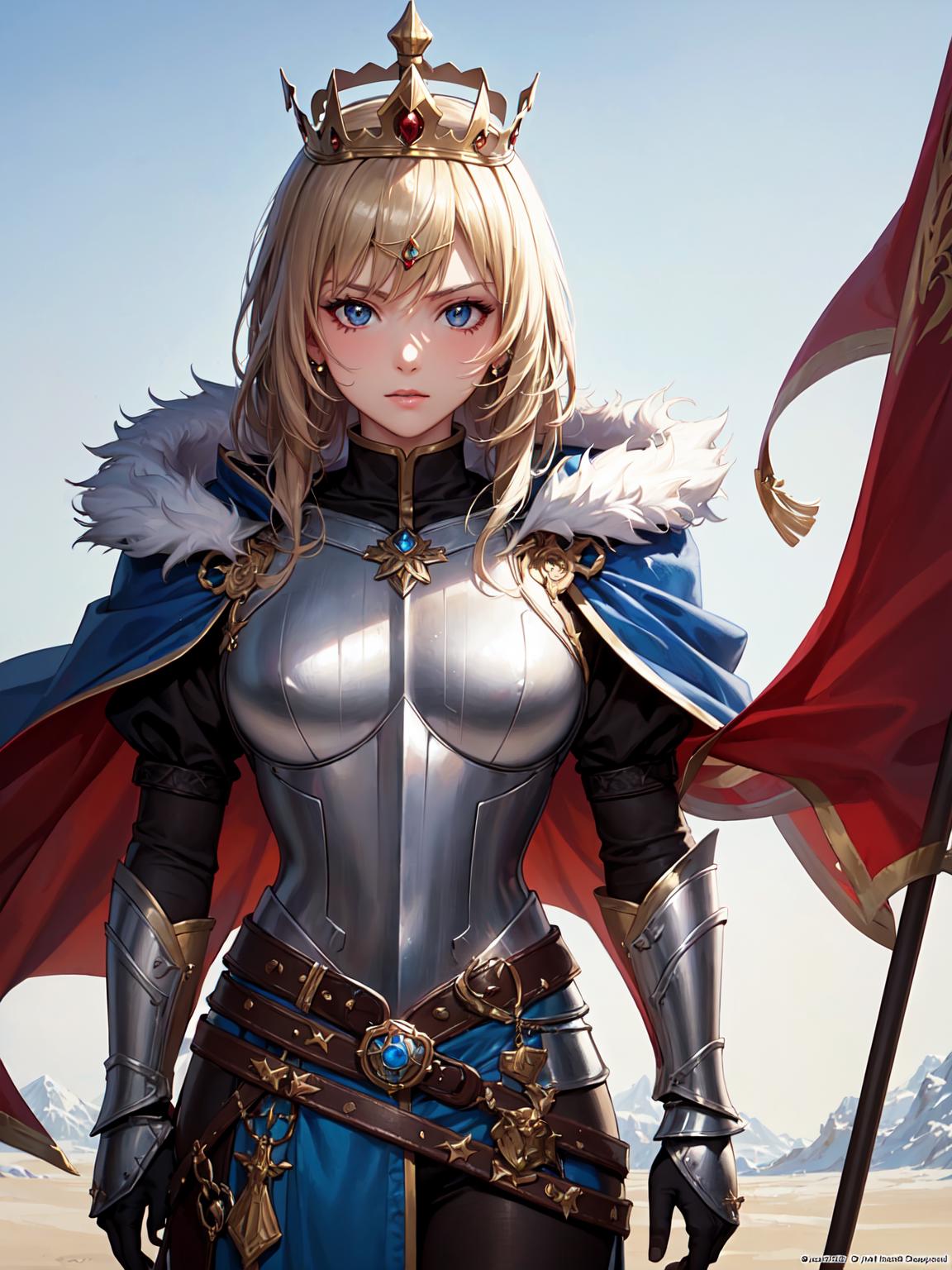 A close up of a woman in armor holding a flag - SeaArt AI