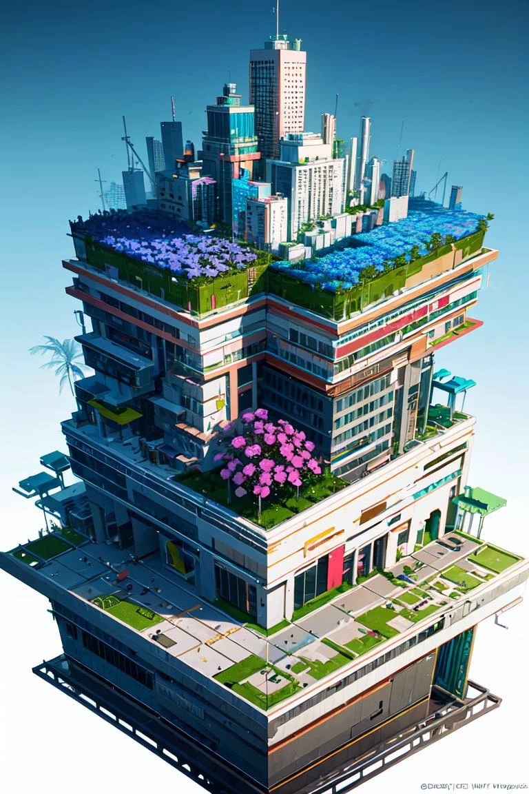 A very tall building with a green roof and a lot of flowers on top ...