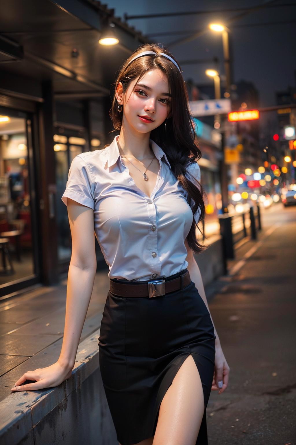 Arafed asian woman in a skirt posing on a city street - SeaArt AI