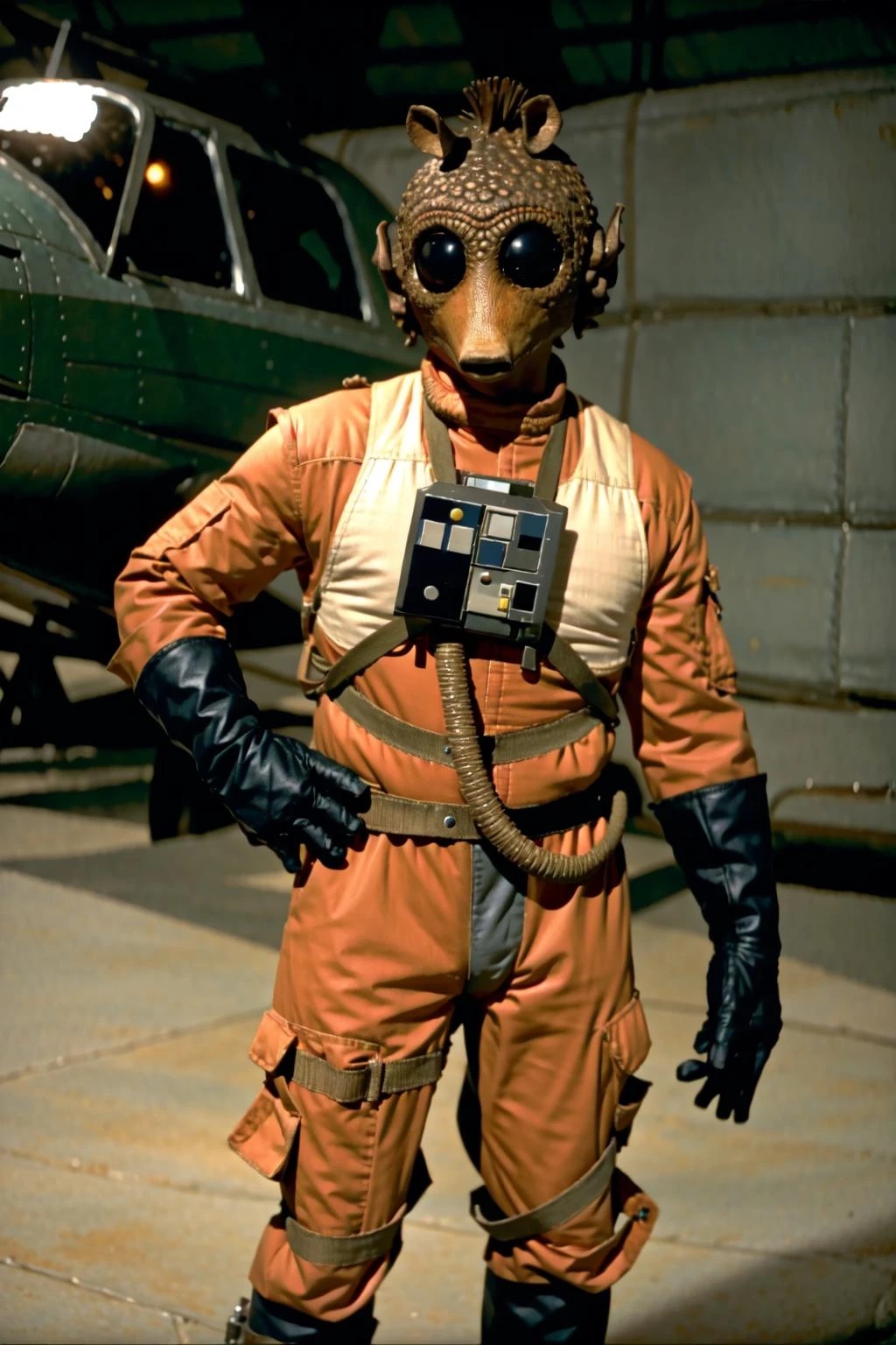 rodian alien,in orange rebel pilot suit,in a hangar - SeaArt AI