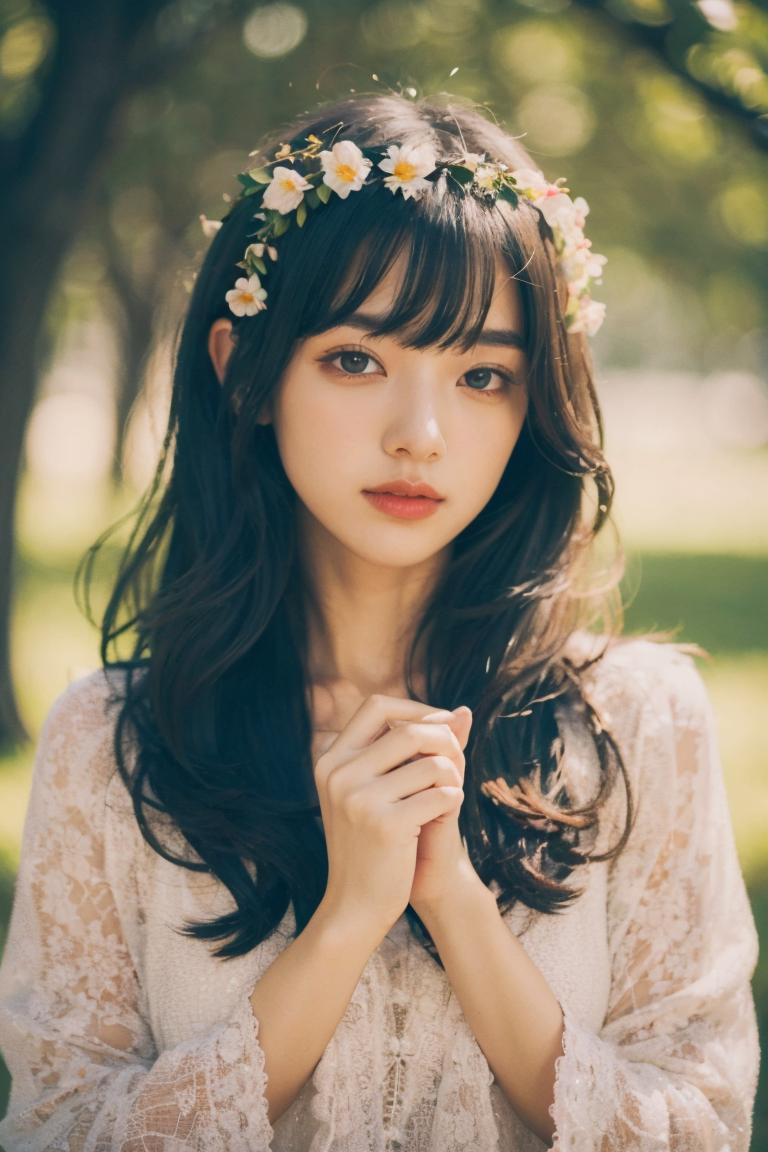 A woman with a flower crown on her head standing in a park - SeaArt AI